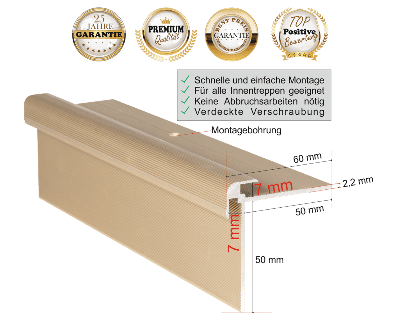 Alu Treppenprofil für Treppenrenovierung mit Laminat, Vinyl oder Teppich